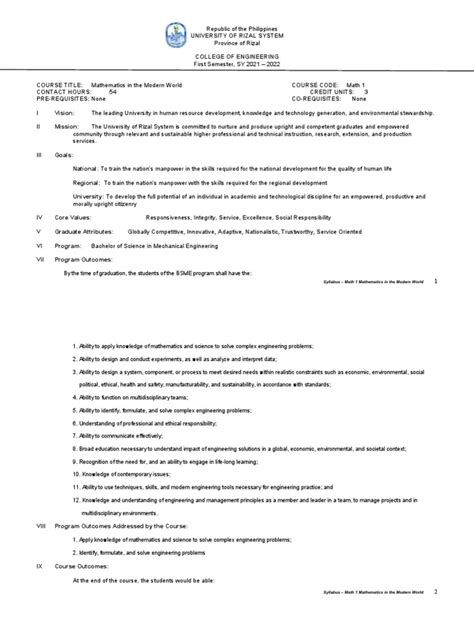 Syllabus Obe Math 1 Mathematics In The Modern World 2021 Javier Pdf