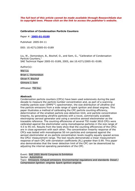 Pdf Calibration Of Condensation Particle Counters