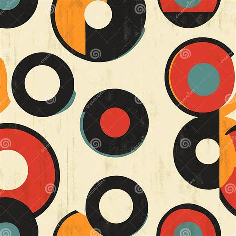 Abstract Geometric Pattern With Overlapping Circles In Red Orange Black And Blue On A Beige