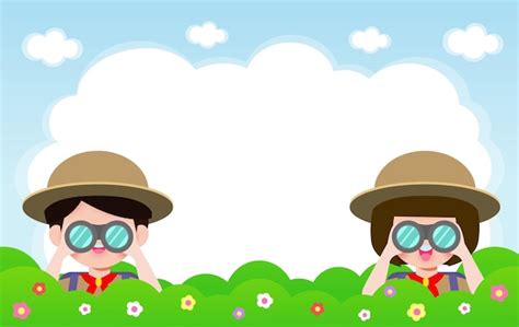 여름 캠프 배너 템플릿 배경 아이들은 광고를위한 스카우트 명예 유니폼 교육을 착용 프리미엄 벡터