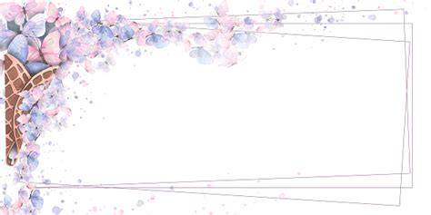 아이스크림을위한 와플 콘에 분홍색과 라일락 나비가있는 수평 프레임 수채화 그림 배너 인증서 초대장 엽서 광고의 디자인과 디자인을 위해 나비에 대한 스톡 벡터 아트 및 기타