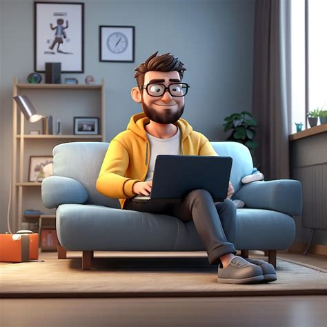 Premium Ai Image 3d Man Programmer Sit On Couch Working From Home Casual Happy Life Balance