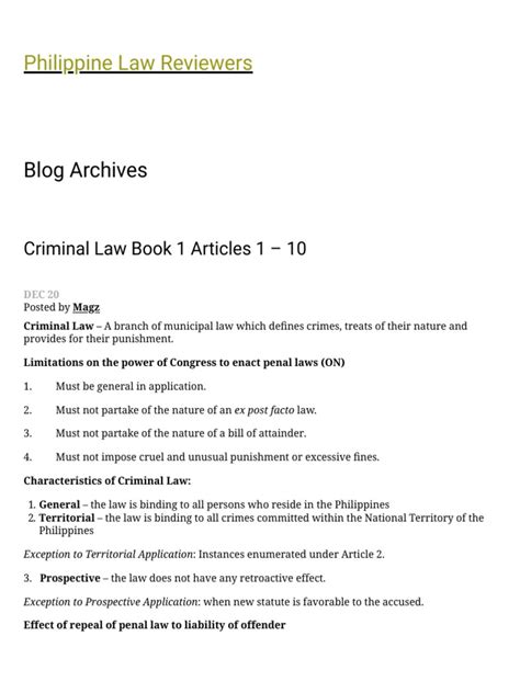 Criminal Law Book 1 Articles 1 10 Philippine Law Reviewers Pdf