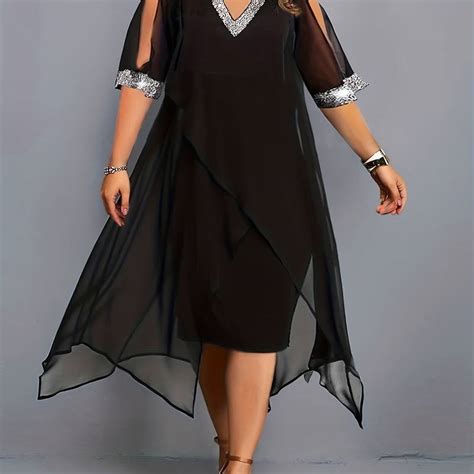 Plus Size Party Dress Womens Plus Glitter Contrast Mesh V Neck Medium