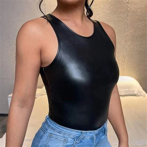 Pu Leather Sleeveless Shirts Womens Glitter Strappy Tank Tops Ladies