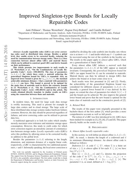 Pdf Improved Singleton Type Bounds For Locally Repairable Codes