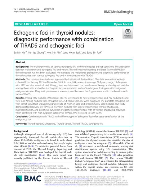 Pdf Echogenic Foci In Thyroid Nodules Diagnostic Performance With Combination Of Tirads And