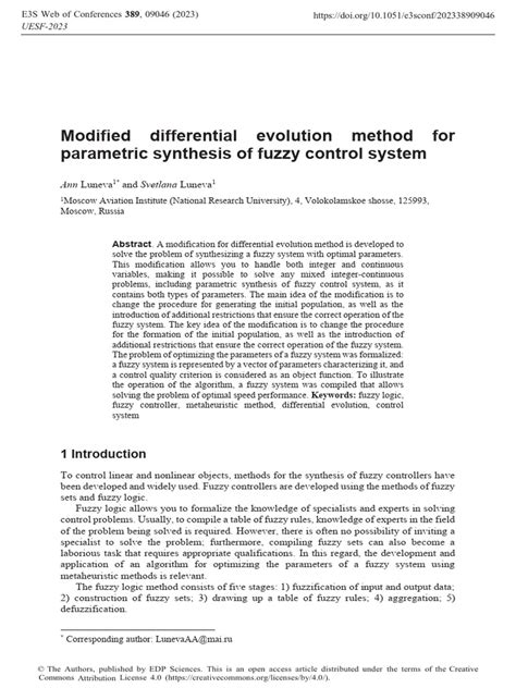 Modified Differential Evolution For Fuzzy Control Pdf Parameter Computer Programming