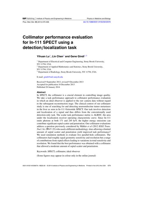 Pdf Collimator Performance Evaluation For In 111 Spect Using A Detection Localization Task
