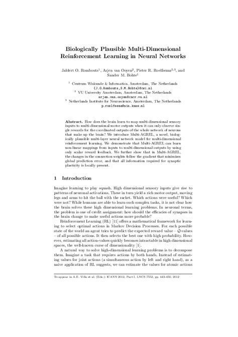 Pdf Biologically Plausible Multi Dimensional Reinforcement Learning