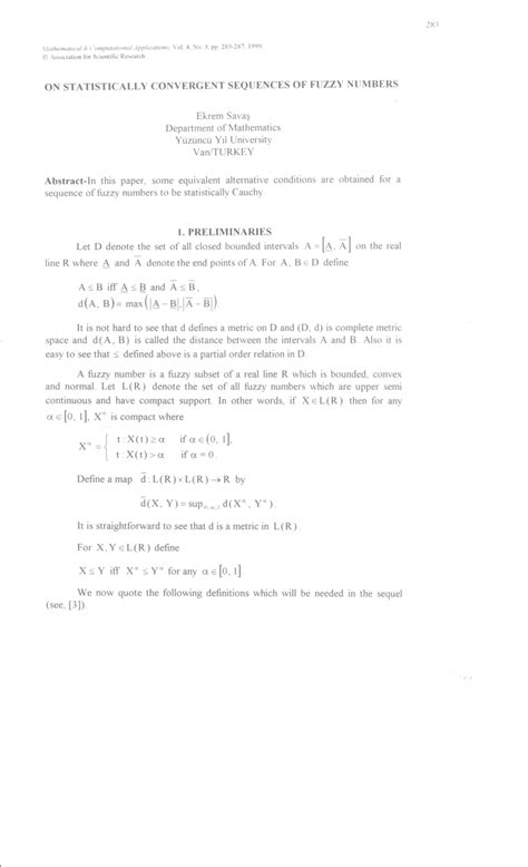Pdf On Statistically Convergent Sequences Of Fuzzy Numbers