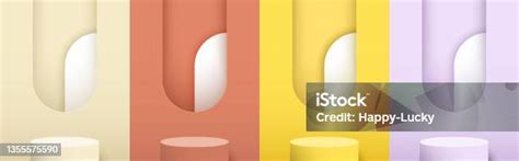 부드러운 파스텔 크림 벽돌 노란색 보라색 색상 장면 배경세트 추상벽이 있는 3d 스테이지 시상대 제품 디스플레이 광고 쇼 우승자를 위한 받침대 최소한의 스타일 벡터
