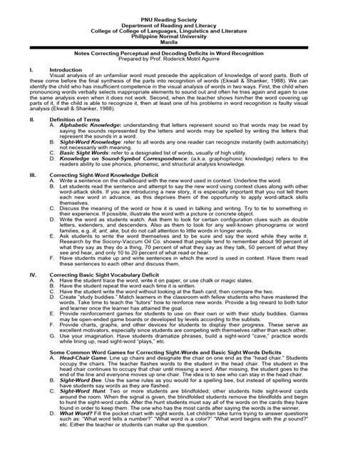 Notes Correcting Perceptual And Decoding Deficits In Word Recognition Pdf Syllable Consonant