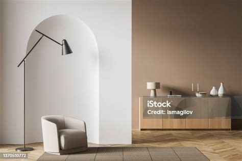 빌라 거실 디자인 인테리어의 공간 모형 벽 밝은 벽에 베이지 색 가구 나무 바닥 램프가있는 안락 의자 휴식의 개념 3d 렌더링 0명에 대한 스톡 사진 및 기타 이미지