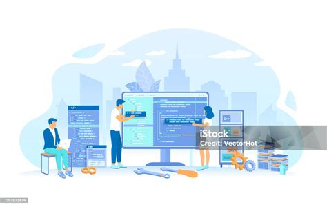 프로그래머 팀은 큰 모니터 화면에 프로그램 코드를 작성합니다 백 엔드 개발 코딩 테스트 소프트웨어 엔지니어링 프로그래밍 언어 벡터 일러스트 플랫 스타일 테크놀로지에 대한
