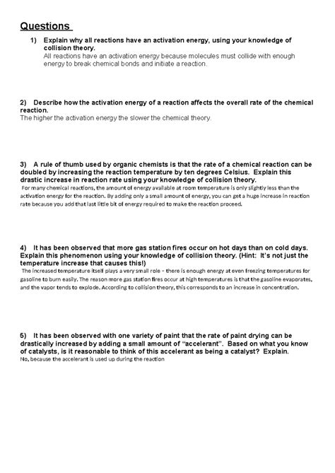 Collision Theory Questions Questions 1 Explain Why All Reactions Have An Activation Energy