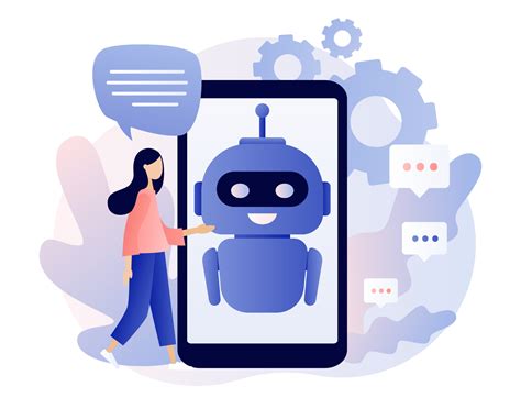 Chatbot Concept Ai Robot Assistant Online Customer Support Tiny Girl Chatting With Chatbot