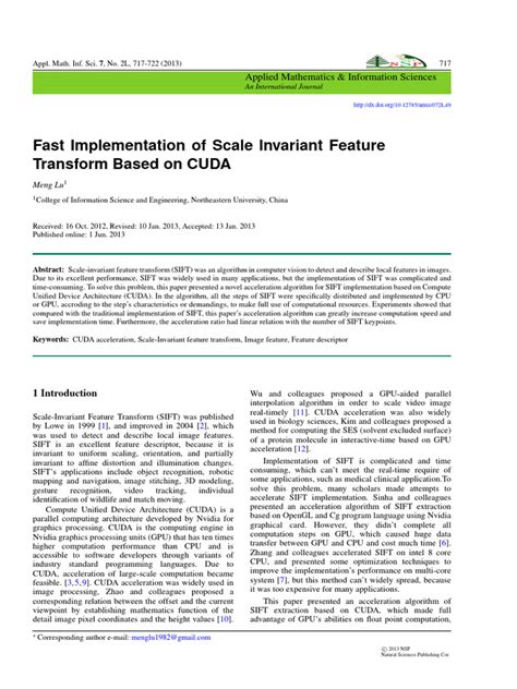 Fast Implementation Of Scale Invariant Feature Transform Based On Cuda