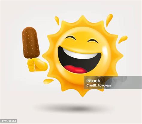 손에 아이스크림이 있는 행복한 태양 이모티콘 흰색 배경에 분리된 3d 벡터 3차원 형태에 대한 스톡 벡터 아트 및 기타 이미지 3차원 형태 개념 개념과 주제 Istock