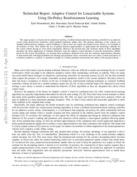 Pdf Adaptive Control For Linearizable Systems Using On Policy Reinforcement Learning