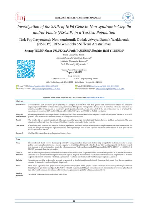 Pdf Investigation Of The Snps Of Irf6 Gene In Non Syndromic Cleft Lip And Or Palate Nsclp In