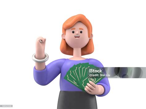 유럽 사업가 엘렌이 우승자 제스처를 하는 달러 지폐에 팬 현금 돈을 들고 있는 3d 삽화 의식 축하 파티 개념3d 흰색 배경에 렌더링 가격에 대한 스톡 사진 및 기타 이미지