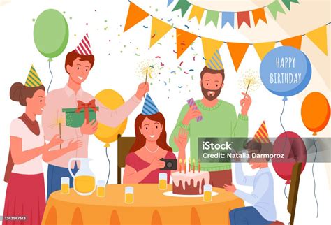 만화 행복한 가족과 친구 인사 선물 선물을주는 쾌활한 문자 케이크 깃발과 풍선 배경으로 기념일을 축하합니다 생일 파티 축하 가족에 대한 스톡 벡터 아트 및 기타 이미지