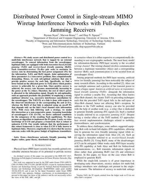 Pdf Distributed Power Control In A Mimo Interference Wiretap Network With Full Duplex Jamming
