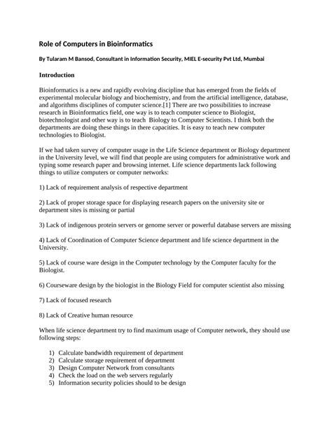 Pdf Role Of Computers In Bioinformatics