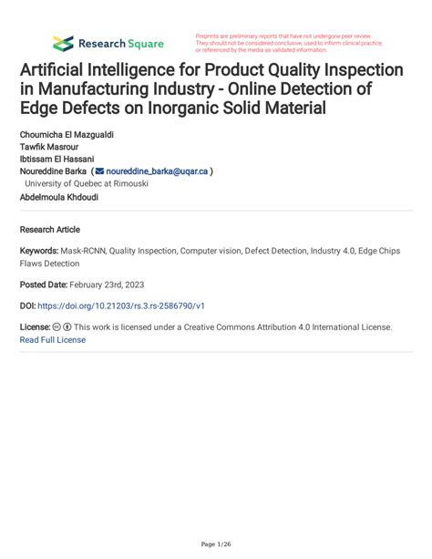Pdf Artificial Intelligence For Product Quality Inspection In Manufacturing Industry Online