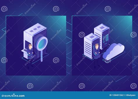 Data Search And Cloud Storage Icon Isometric Vector Server Room Datacenter And Database Stock