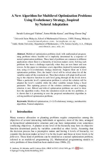 Pdf A New Algorithm For Multilevel Optimization Problems Using