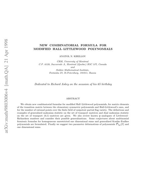 Pdf New Combinatorial Formula For Modified Hall Littlewood Polynomials