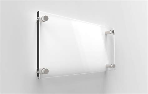 빈 투명 유리 인테리어 사무실 기업 간판 플레이트 모의 템플릿 브랜딩에 대한 명확한 인쇄 보드 로고 투명 한 백일릭 광고 간판 모형 측 보기 3d 렌더링 3차원 형태에 대한