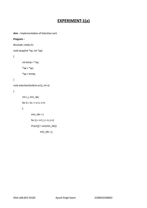 Daa Practical File Experiment 1a Aim Implementation Of Selection Sort Program Include