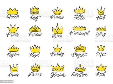 낙서 로얄 크라운 로고 손으로 그린 왕과 여왕 크라운 보석 럭셔리 디아뎀 낙서 벡터 세트와 스케치 프린스와 공주 티아라 개체 그룹에 대한 스톡 벡터 아트 및 기타 이미지