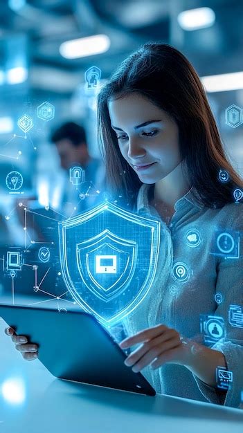 Business Professionals Using Tablets And Laptops Digital Shields For Cybersecurity Data