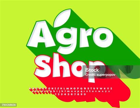 벡터 밝은 로고 Agro Shop 와 장식적인 잎 화이트 알파벳 문자와 숫자는 빨간 그림자로 설정되었습니다 건강한 식생활에 대한