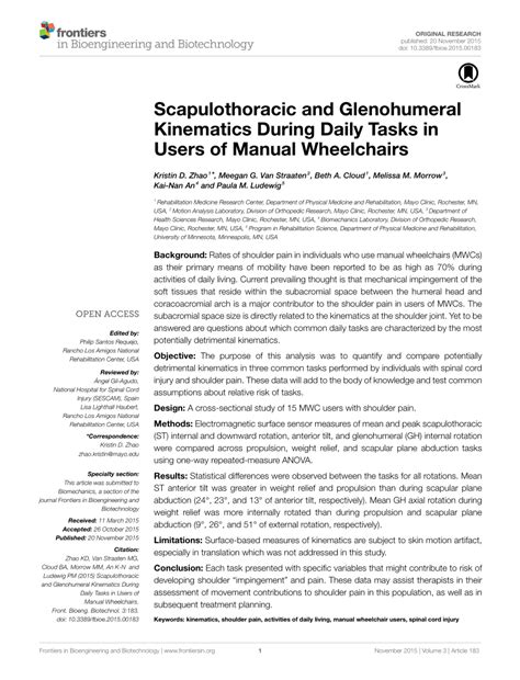 Pdf Scapulothoracic And Glenohumeral Kinematics During Daily Tasks In Users Of Manual Wheelchairs