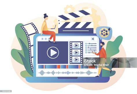 비디오 편집기 스튜디오 작은 사람들 영상 편집 및 노트북 응용 프로그램에서 멀티미디어 콘텐츠 생산을 만들기 비디오 메이커 온라인 코스 현대 플랫 만화 스타일 흰색 배경의