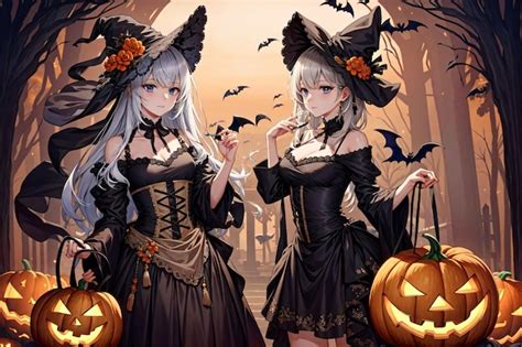 Premium Ai Image Two Girls In Black Dresses With Pumpkins And The