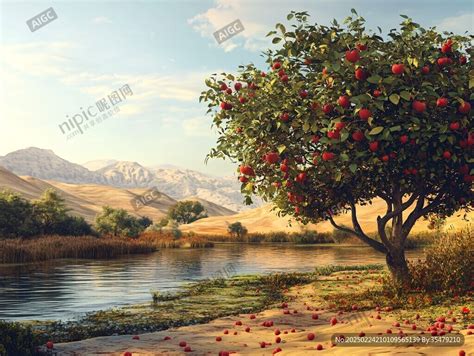 Ai创作图红色果树风景 湖边石榴树 3d苹果树 枸杞林插画 苹果树3d画 一颗石榴树 写实风景合成 枣园场景 一棵石榴树 红枣林插画 石榴园采摘活动布景 3d立体画苹果树 苹果园素材 高清枣树