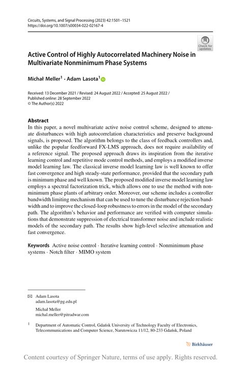 Pdf Active Control Of Highly Autocorrelated Machinery Noise In Multivariate Nonminimum Phase