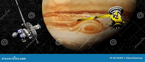 Galileo And Cassini Spacecraft Next To Jupiter 3d Render Stock