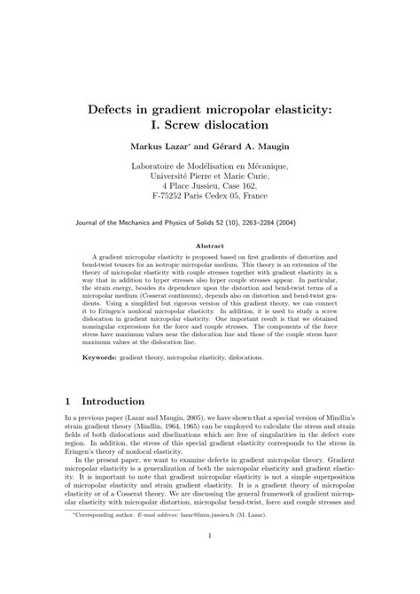Pdf Defects In Gradient Micropolar Elasticity I Screw Dislocation