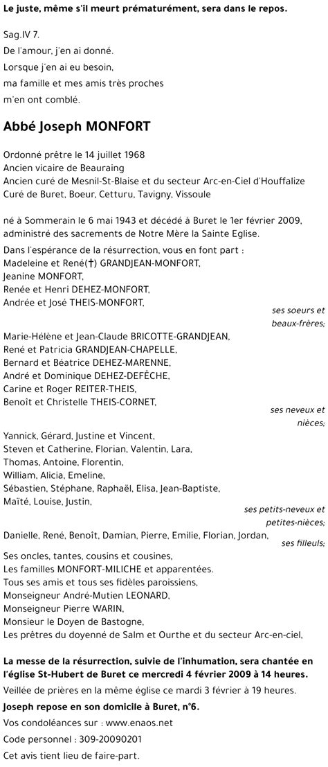 Avis De Décès De Joseph Monfort Décédé Le 01 02 2009 à Annonce Condoléances Fleurs Etc L