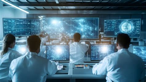 High Tech Control Room With Scientists Monitoring Data On Screens Stock Illustration