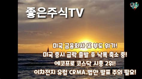 미국 금융회사 또 부도 위기 미국 증시 급락 출발 후 낙폭 축소 중 에코프로 코스닥 시총 2위 이차전지 유럽 Crma 법안 발표 주의 필요 Youtube