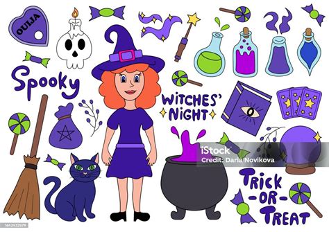 할로윈 요소 세트 마녀 고양이 가마솥 독병 위자 마법의 책 타로 마법의 공 빗자루 두개골 양초 마술 지팡이 텍스트 레터링 트릭