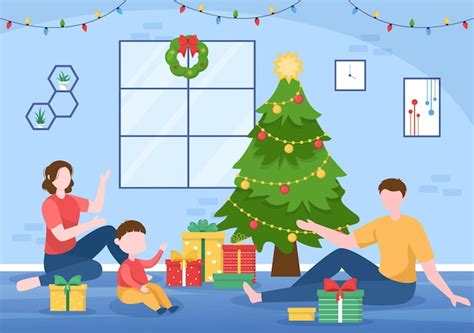 기쁜 성 탄과 새 해 복 많이 받으세요 템플릿 손으로 그린 만화 평면 배경 일러스트 레이션 프리미엄 벡터